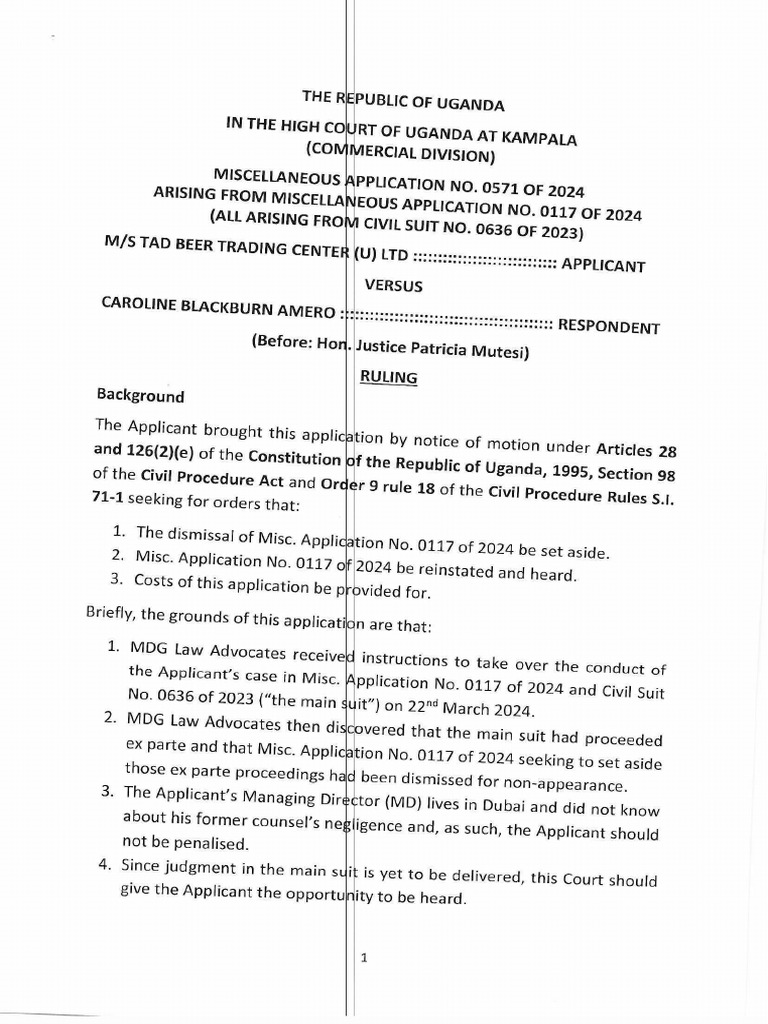 Tad Beer Trading Center (U) Limited V Amero (Miscellaneous Application ...