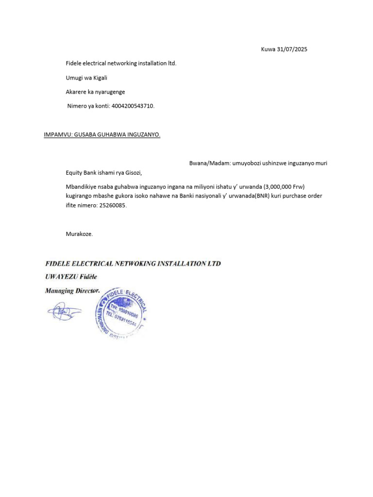 Ibaruwa Isaba Inguzanyo - 021410 | PDF