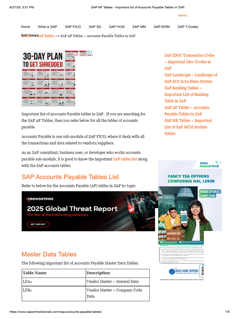 SAP AP Tables - Important List of Accounts Payable Tables in SAP | PDF | Accounts Payable | Business