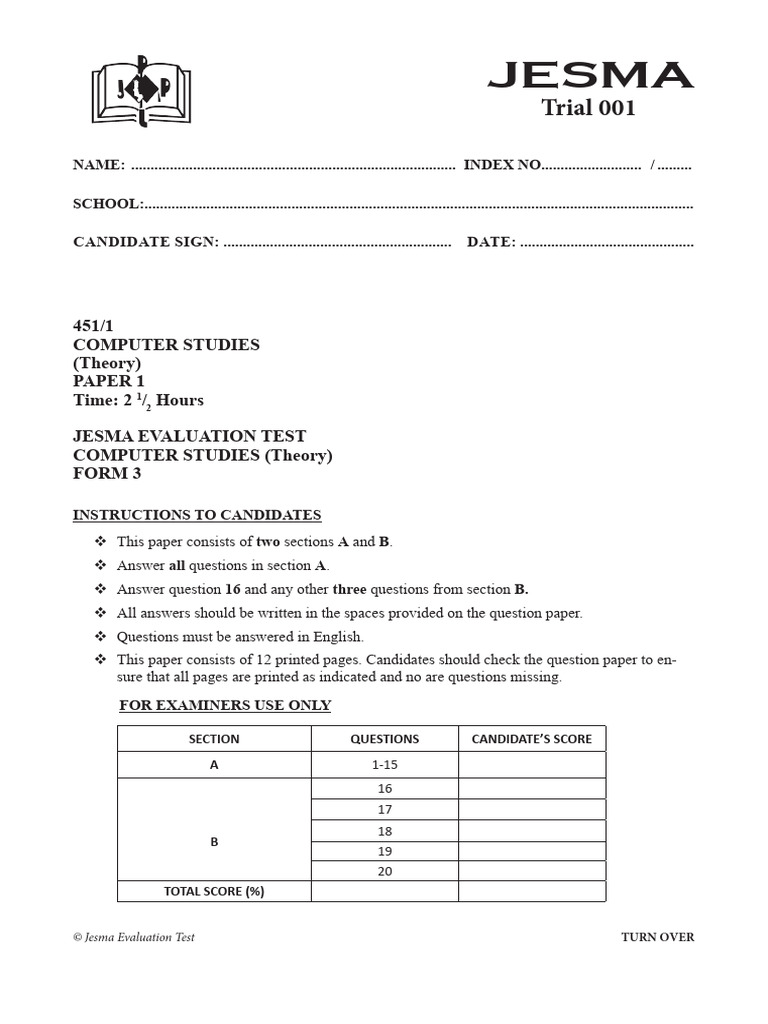 Jesma Computer Pp1 - Form 3 QP | PDF | Software | Computer Engineering