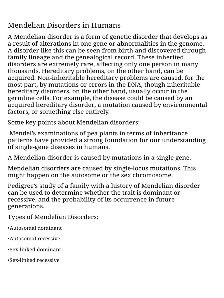 Mendelian Disorders Overview Chart | PDF | Genetic Disorder | Dominance ...