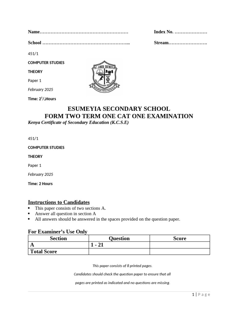 FORM 2 Computer Cat 1 Exam 2025 | PDF | Computer Science | Computer ...