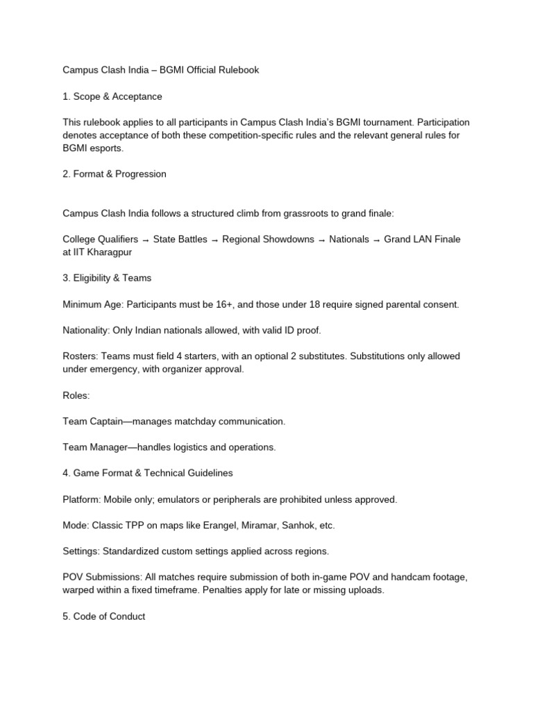 Campus Clash India - BGMI Official Rulebook | PDF | Justice | Crime & Violence