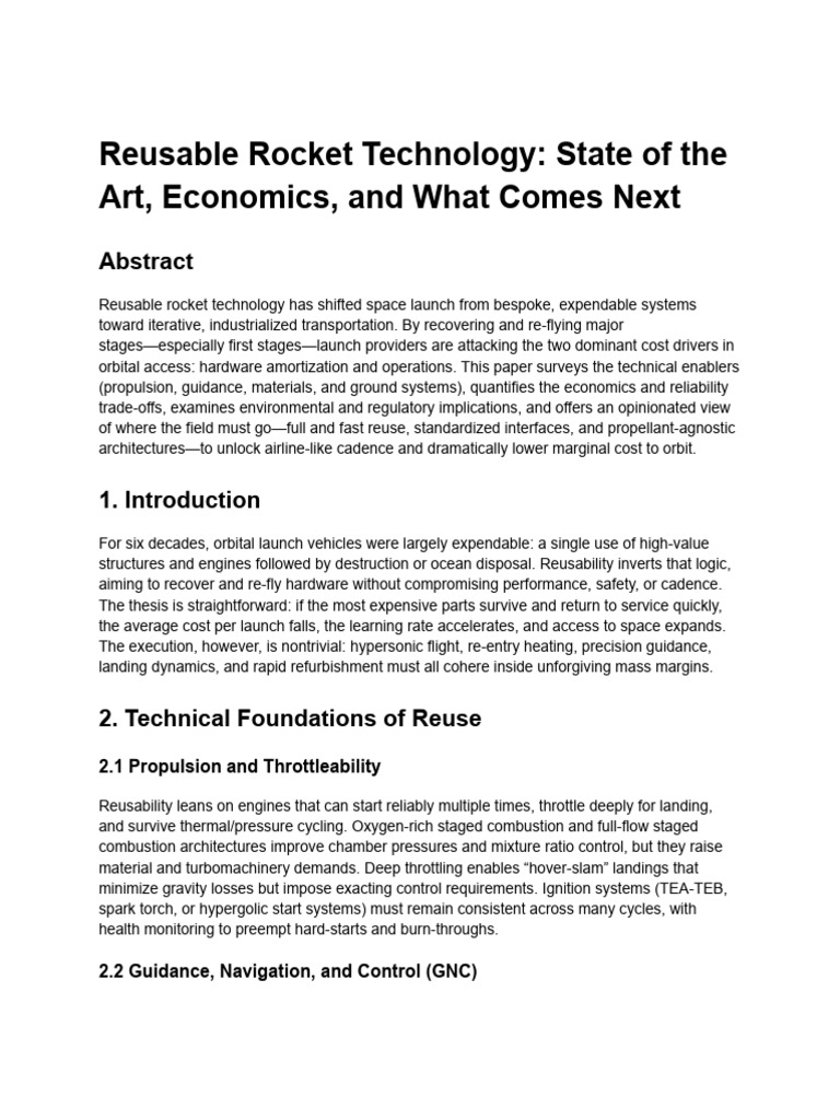 Reusable Rocket Technology - State of The Art, Economics, and What ...