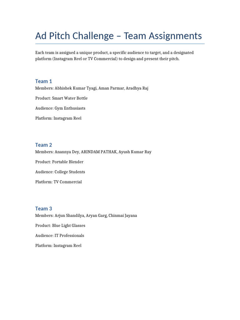 Ad Pitch Challenge Team Assignments | PDF