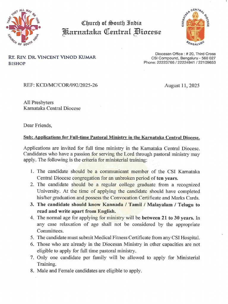 Pastoral Ministry Recruitment - 11!08!2025 | PDF