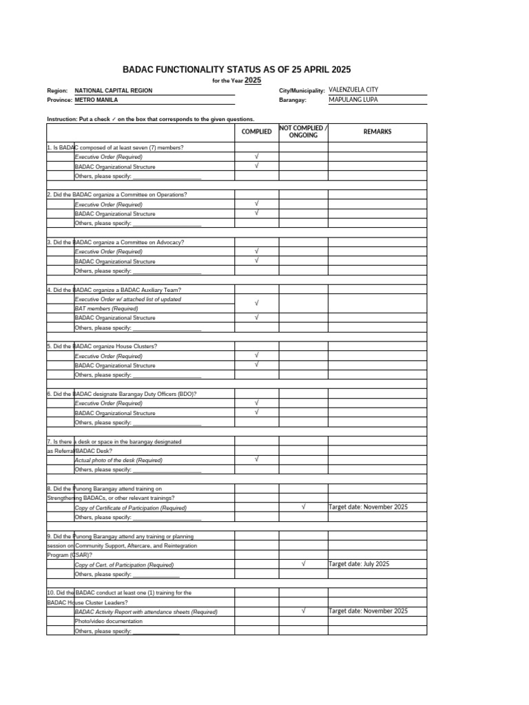 BADAC Functionality Checklist 2025 | PDF