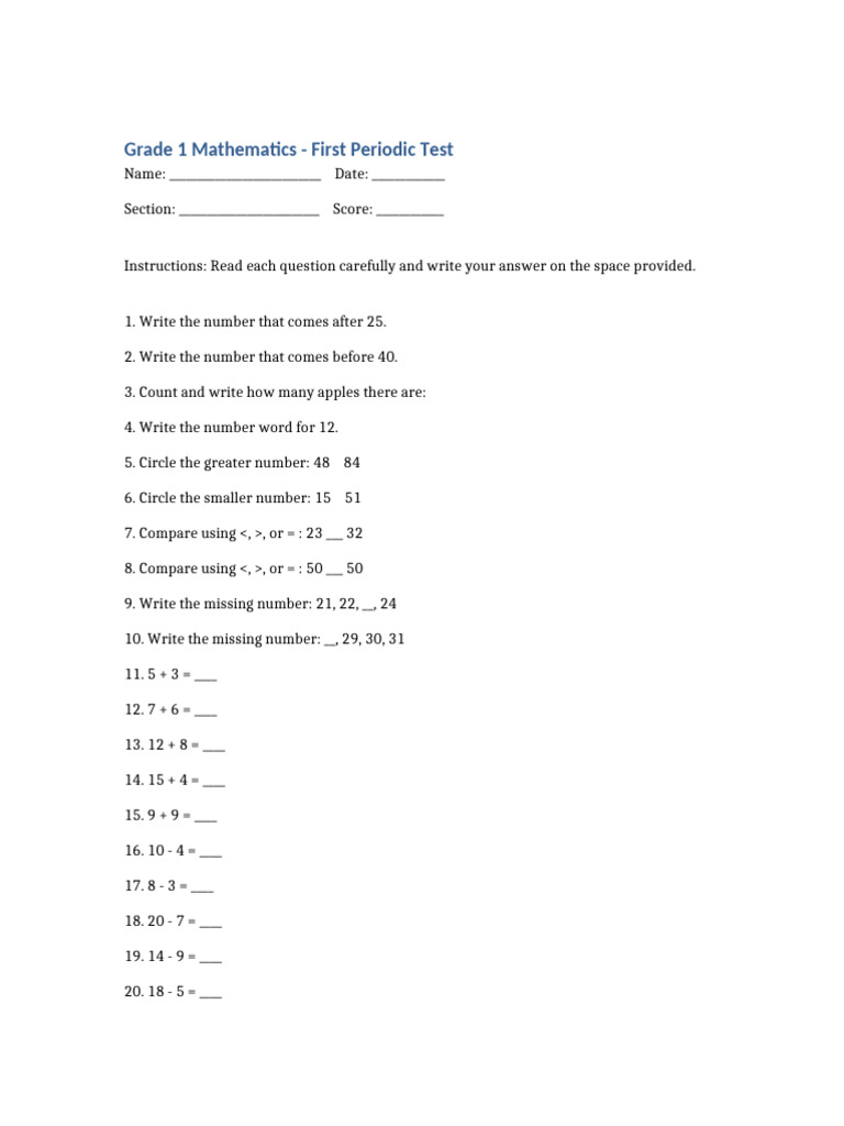 Grade 1 Math Test Questions | PDF