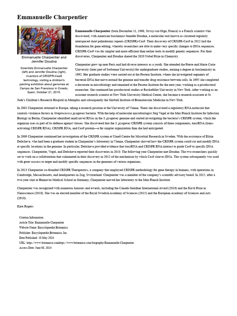 Emmanuelle Charpentier | PDF | Crispr | Biochemistry