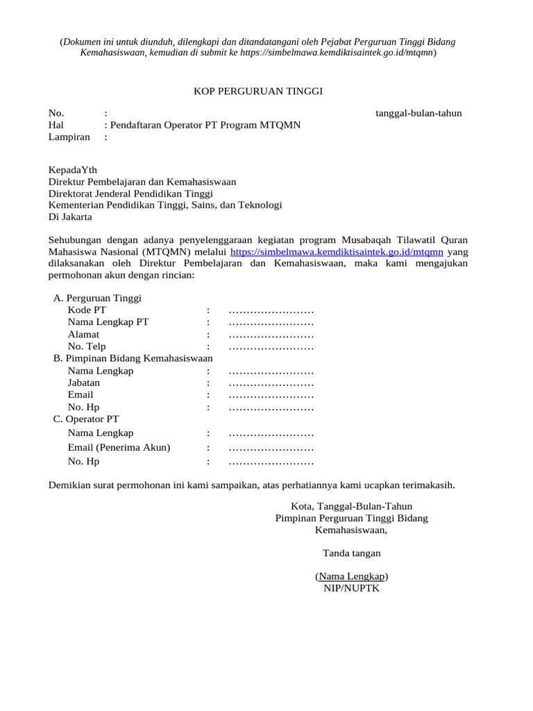 MTQMN 2025 Template Permohonan Akun Simbelmawa | PDF