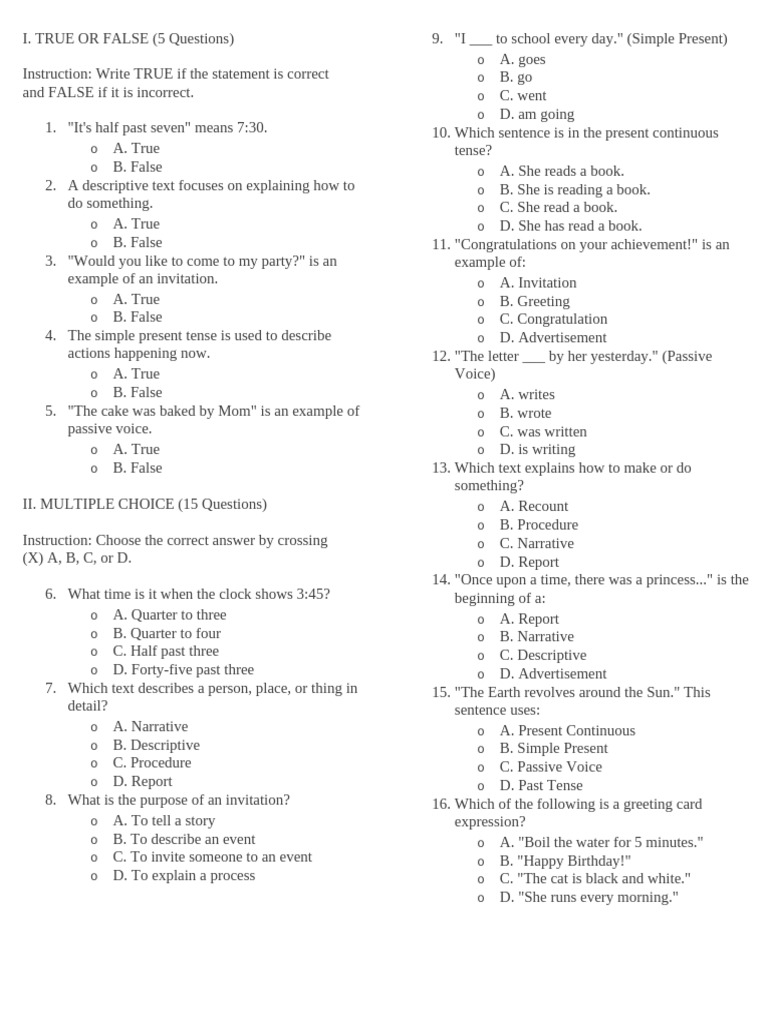 True or False and Multiple Choice Quiz | PDF