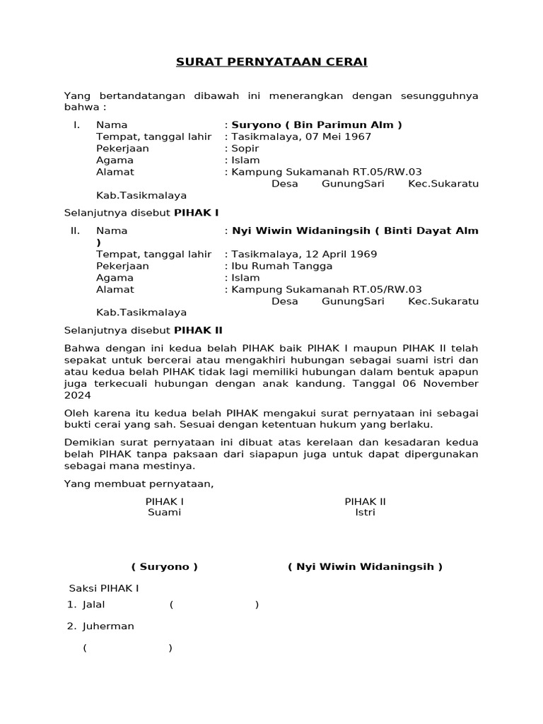 Surat Pernyataan Cerai | PDF