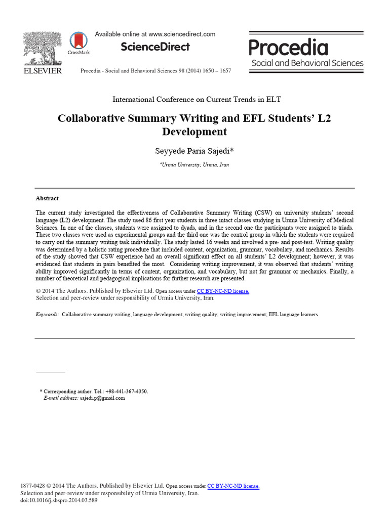 Collaborative Summary Writing and EFL Students L2 | PDF | Learning ...