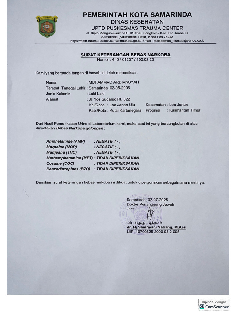 Surat Keterangan Bebas Narkoba | PDF