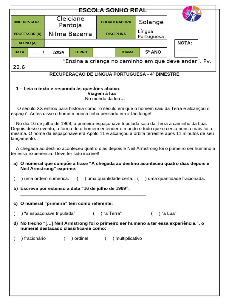 Recuperação de Lin. Port 4º Bim 5º Ano-1 | PDF | Neil Armstrong | Lua