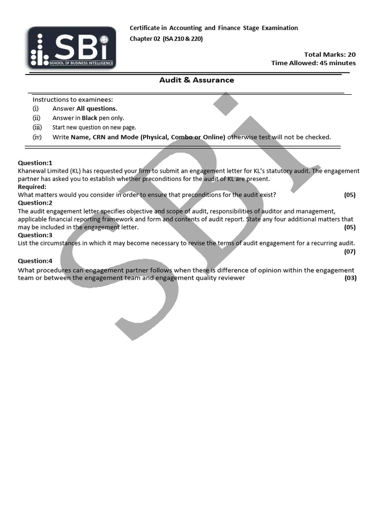 Audit Test-3 QP - CH 02 Isa 210 &220) | PDF