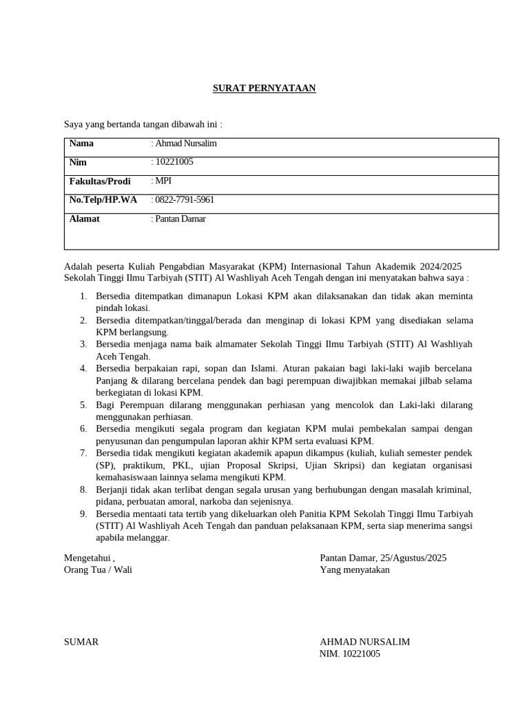 Surat Pernyataan Kesediaan Peserta KPM | PDF