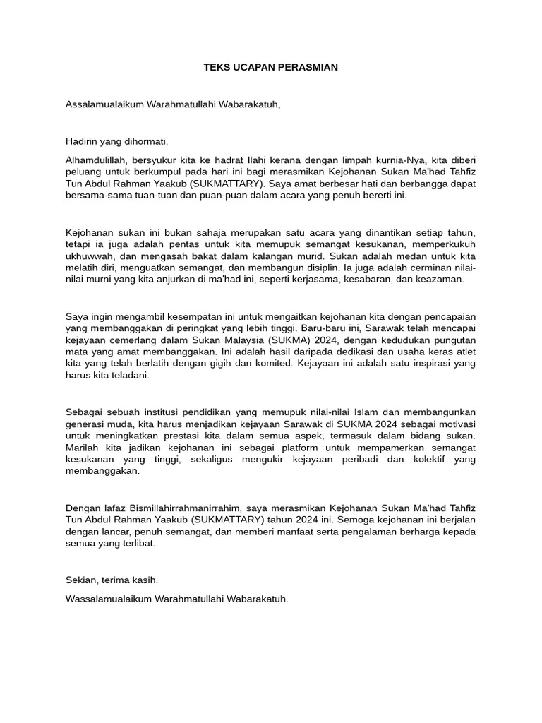 Teks Ucapan Perasmian Ydp Sukmattary | PDF