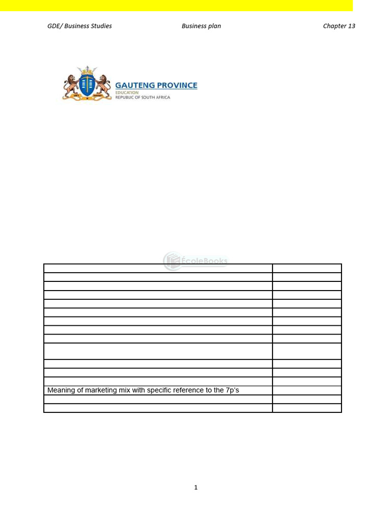 2021 Business Studies Grade 10 Term 3 Chapter 13 Business Plan Past ...