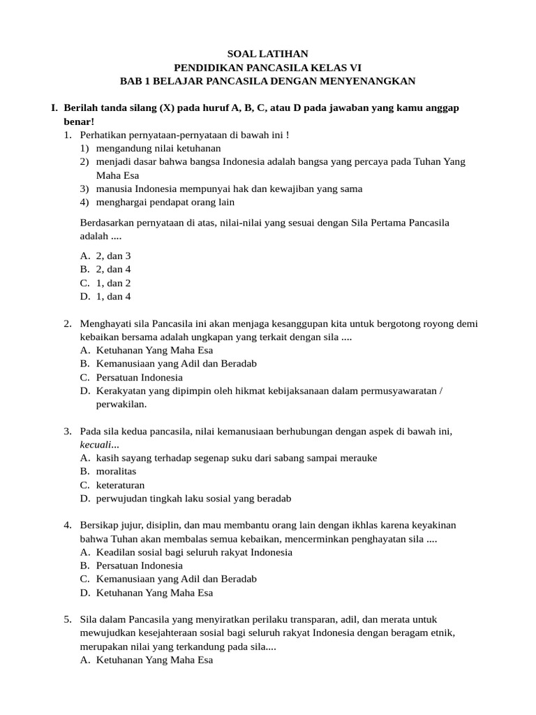 Latihan Soal Pendidikan Pancasila Kelas 6 Bab 1 Pdf