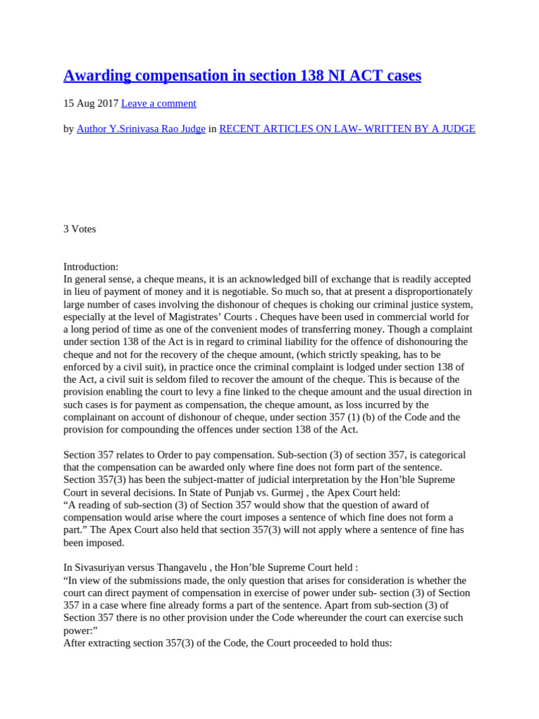 Compensation in Section 138 NI Act Cases | PDF | Fine (Penalty ...