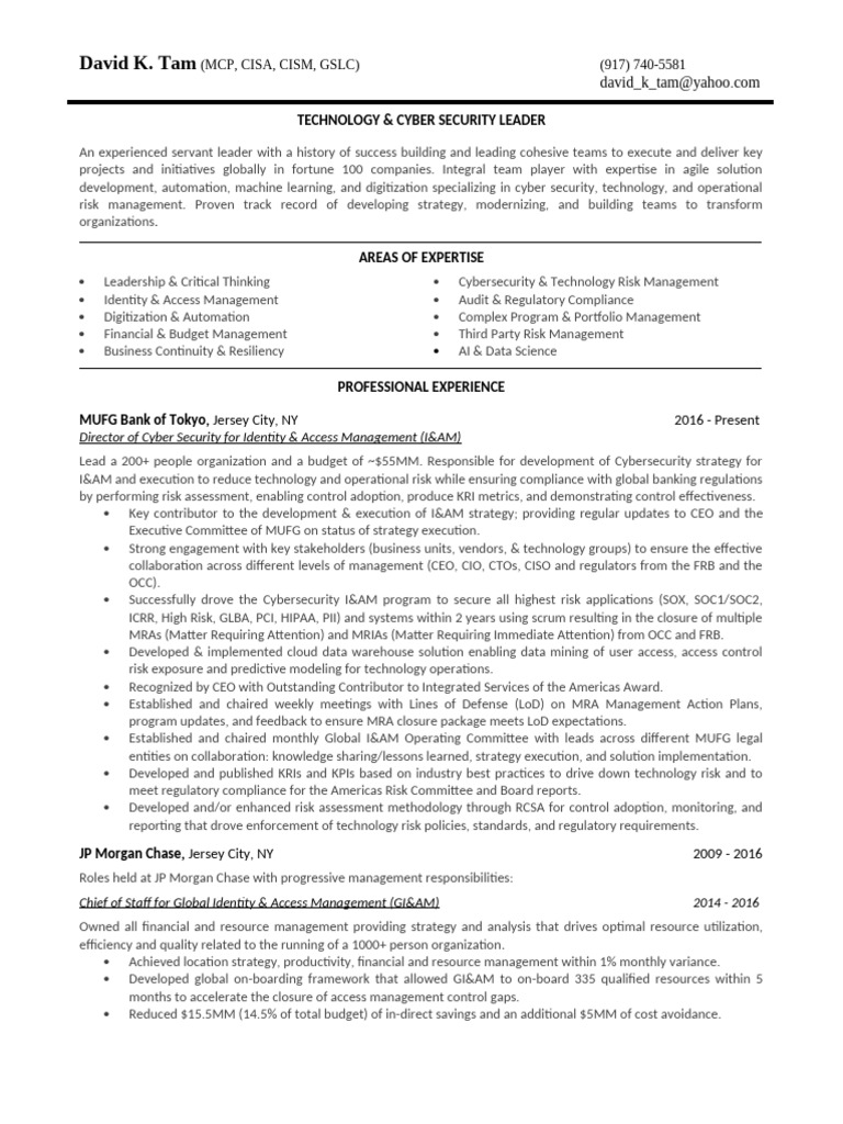 David Tam Resume2 - 2 Pager | PDF | Computer Security | Security