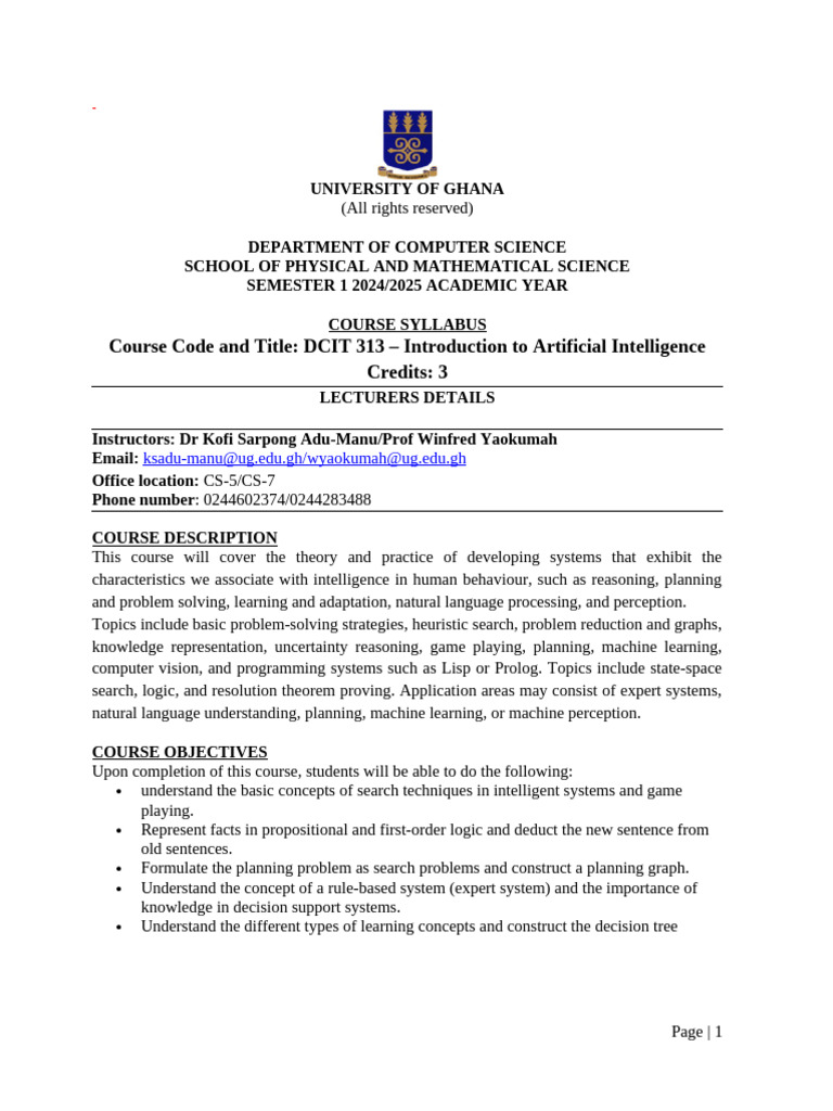 AI Course Syllabus: DCIT 313 | PDF | Artificial Intelligence | Intelligence (AI) & Semantics
