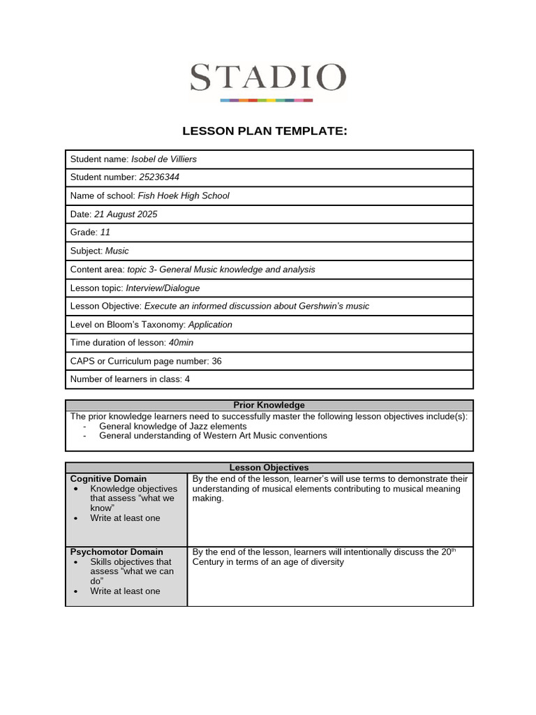 Lesson Plan Grade 11 Gershwin | PDF | Learning | Behavioural Sciences
