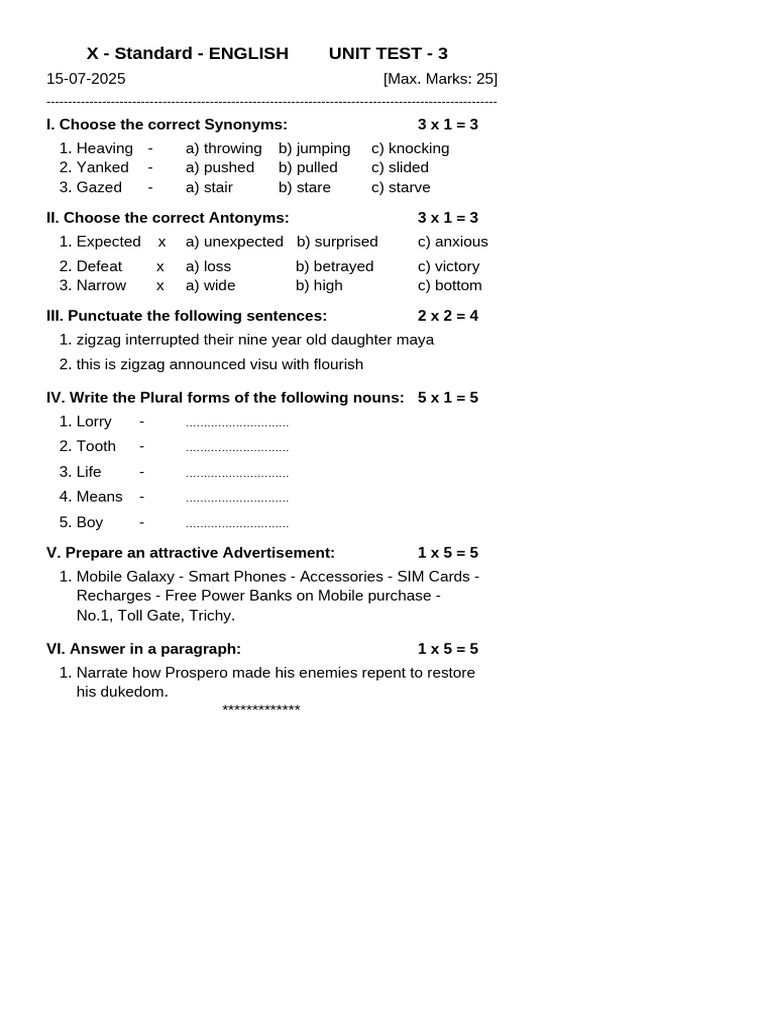 Eng - Unit Test-3 | PDF
