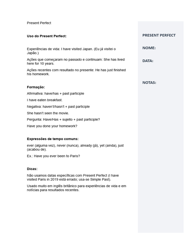 Guia do Present Perfect em Inglês | PDF