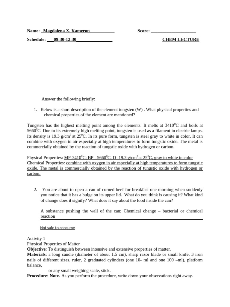 Tungsten Properties and Matter Analysis | PDF | Tungsten | Density