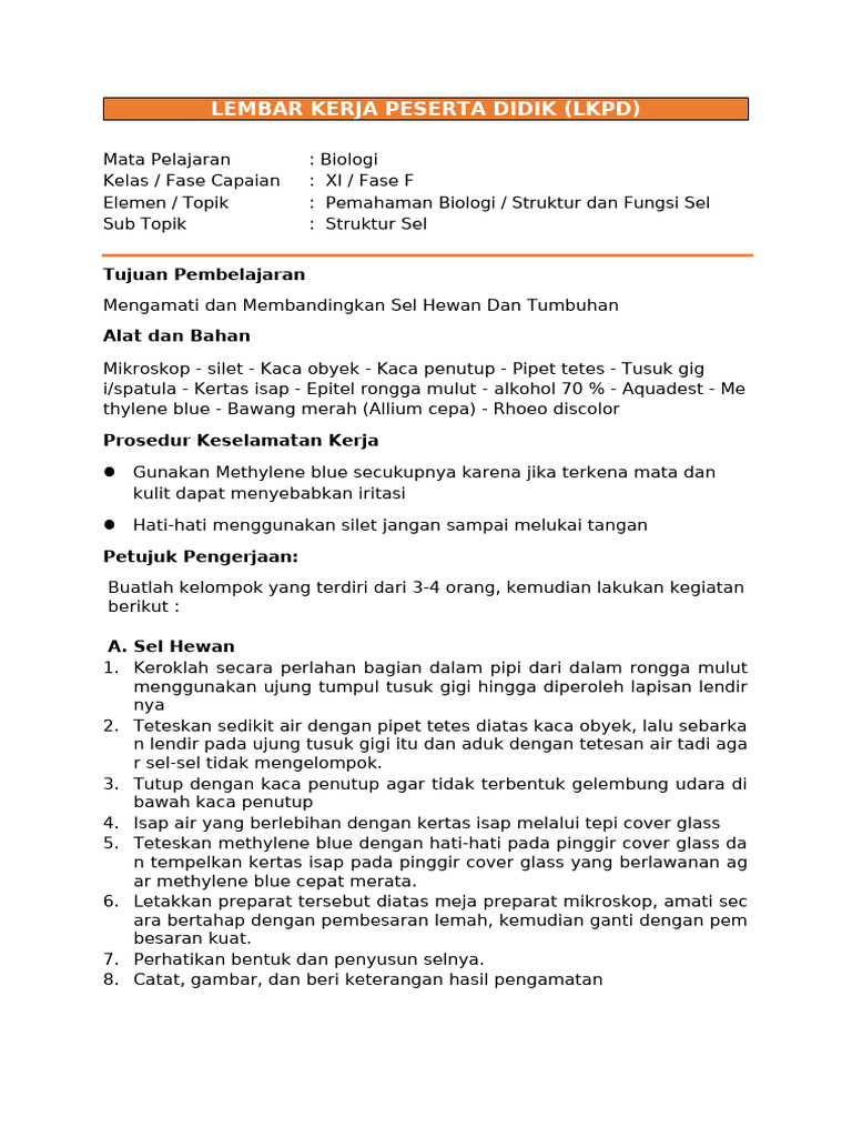 LKPD Biologi: Struktur Sel Hewan & Tumbuhan | PDF