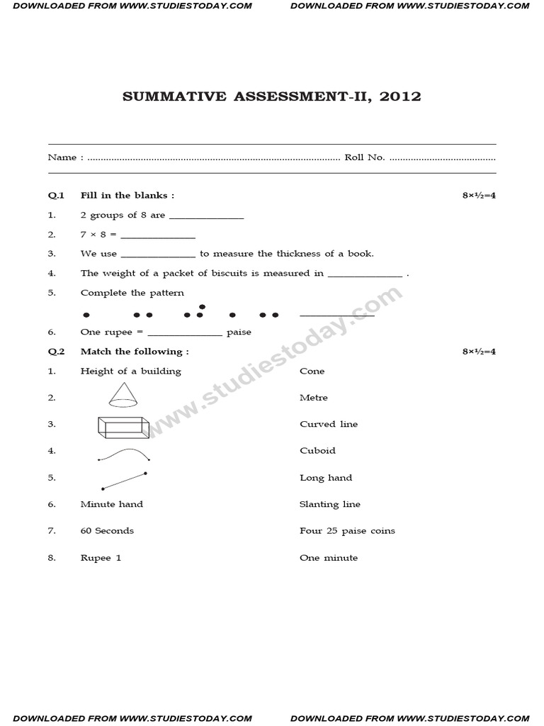 CBSE Class 2 Maths Question Paper SA 2 2012 | PDF