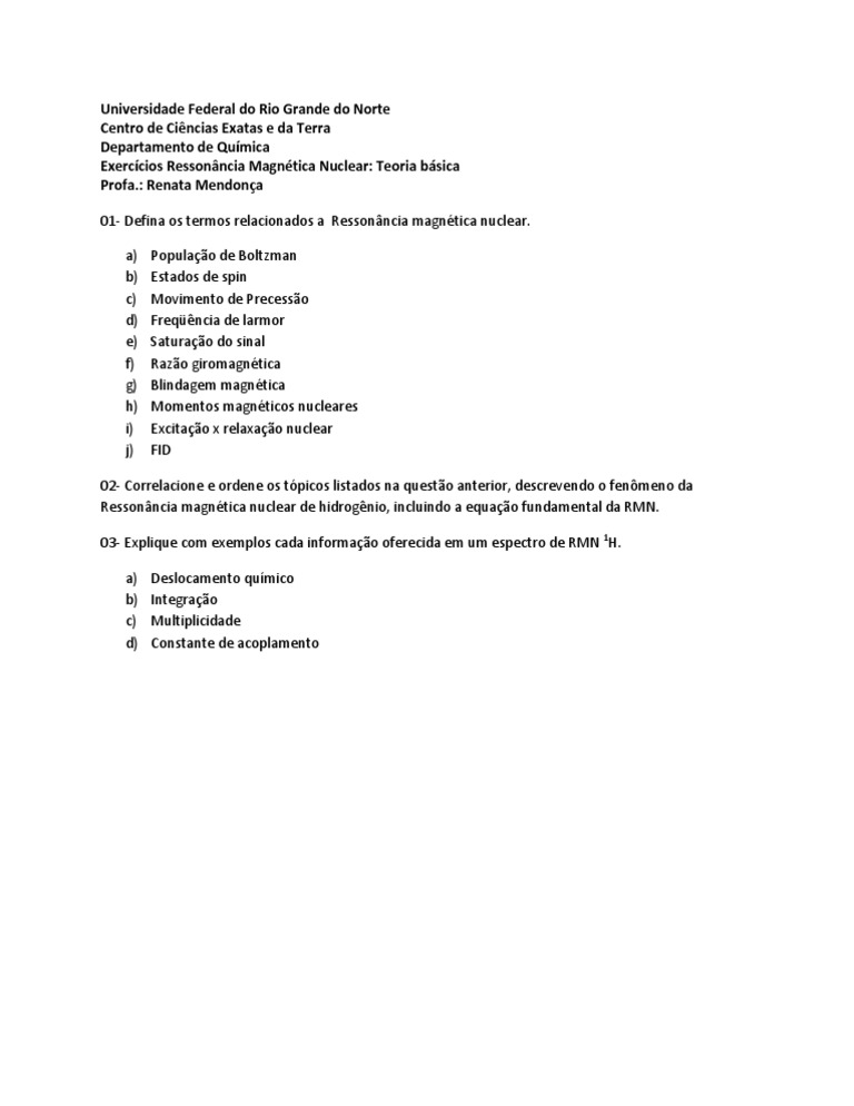 Exercícios Teoria-RMN | PDF | Ciências e Matemática | Tecnologia e Engenharia
