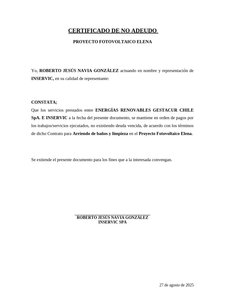 Certificado de No Adeudo Inservic | PDF