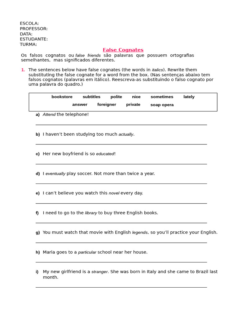False Cognates Exercises Worksheet | PDF