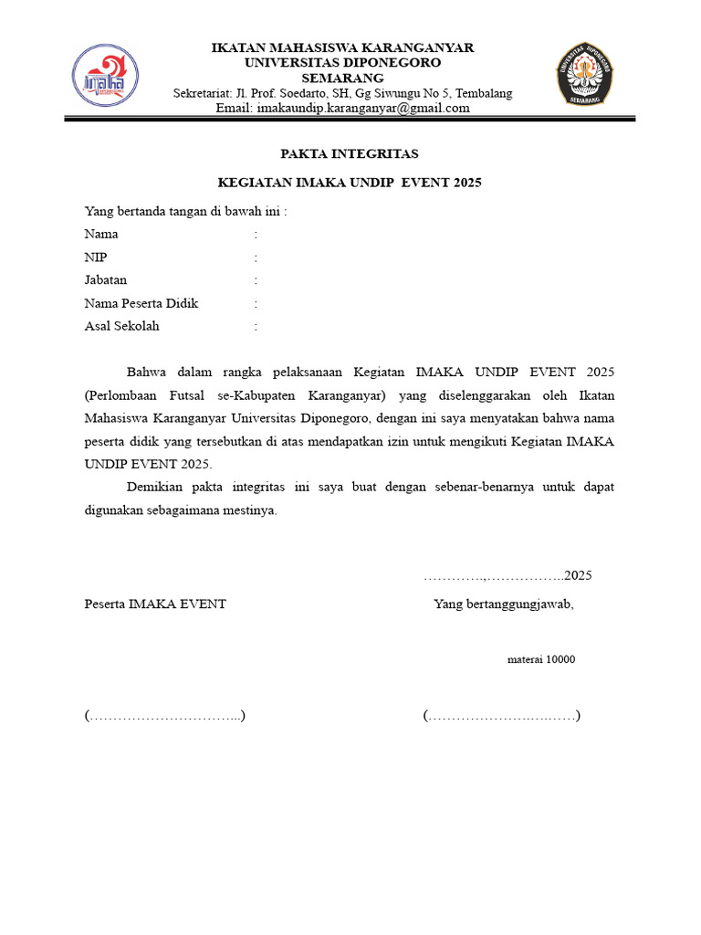Pakta Integritas IMAKA UNDIP 2025 | PDF