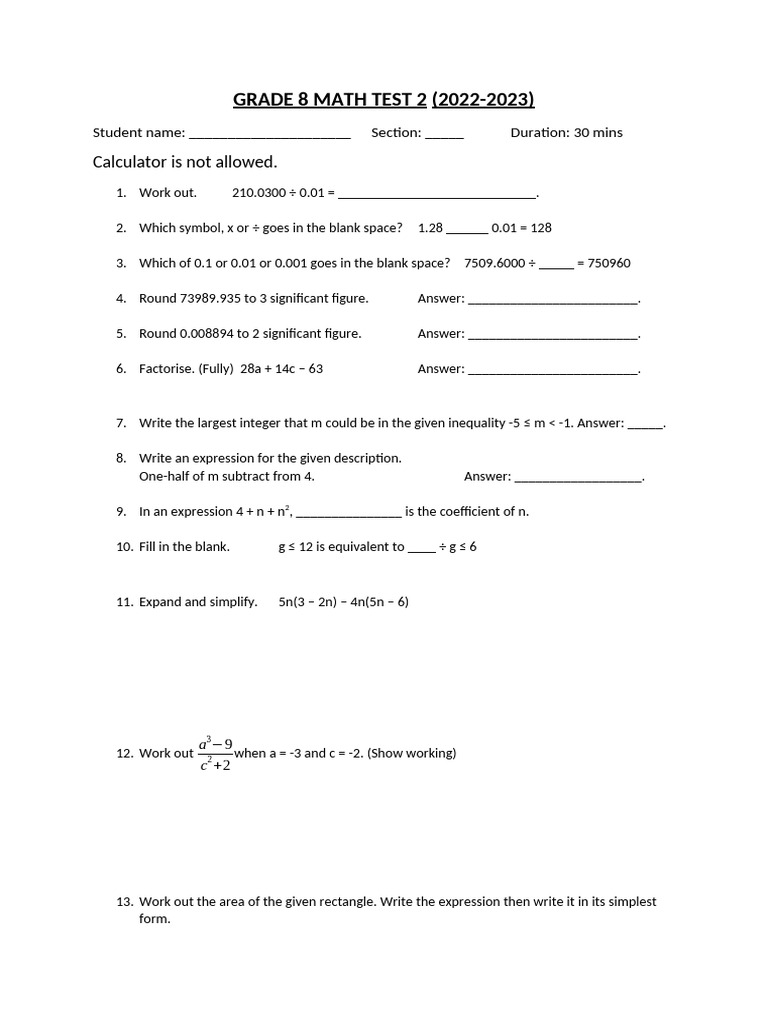 Grade 8 Math Test 2 Questions | PDF