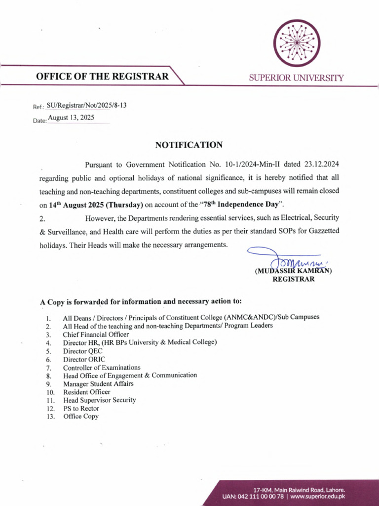 Notification Holiday 78th Independence Day | PDF