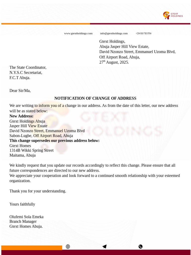 Gtext Holdings Address Change Notification | PDF