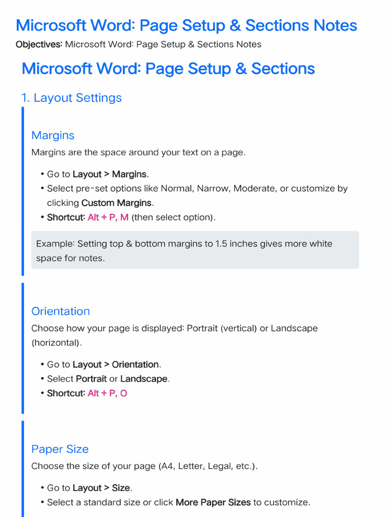Microsoft Word Page Setup & Sections Notes | PDF