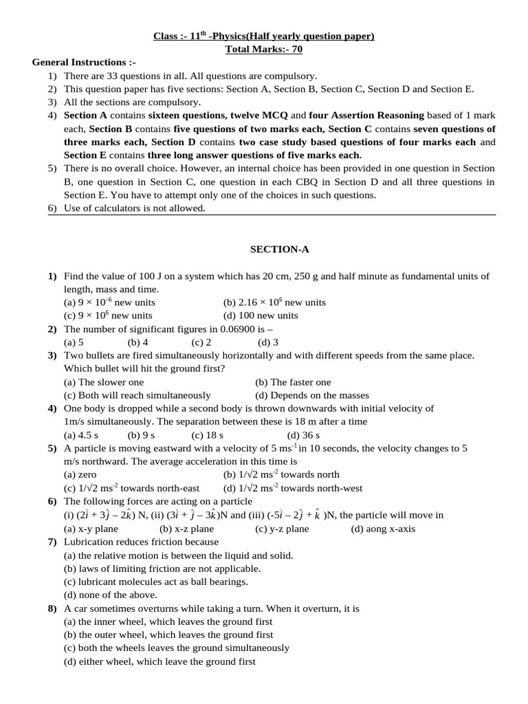 11th Physics Half Yearly | PDF | Acceleration | Force
