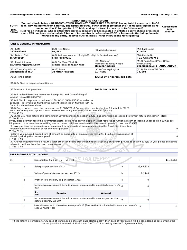 ITR1 Form for Indian Income Tax Return | PDF