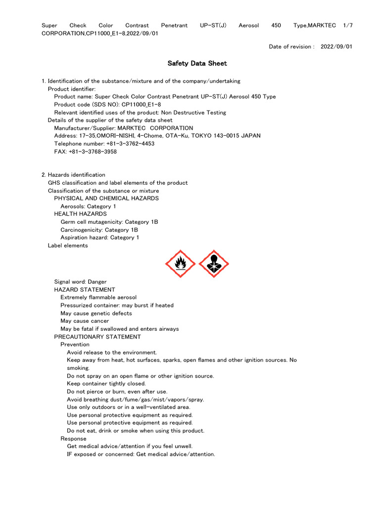 Super Check Color Contrast Penetrant SDS | PDF | Occupational Safety ...
