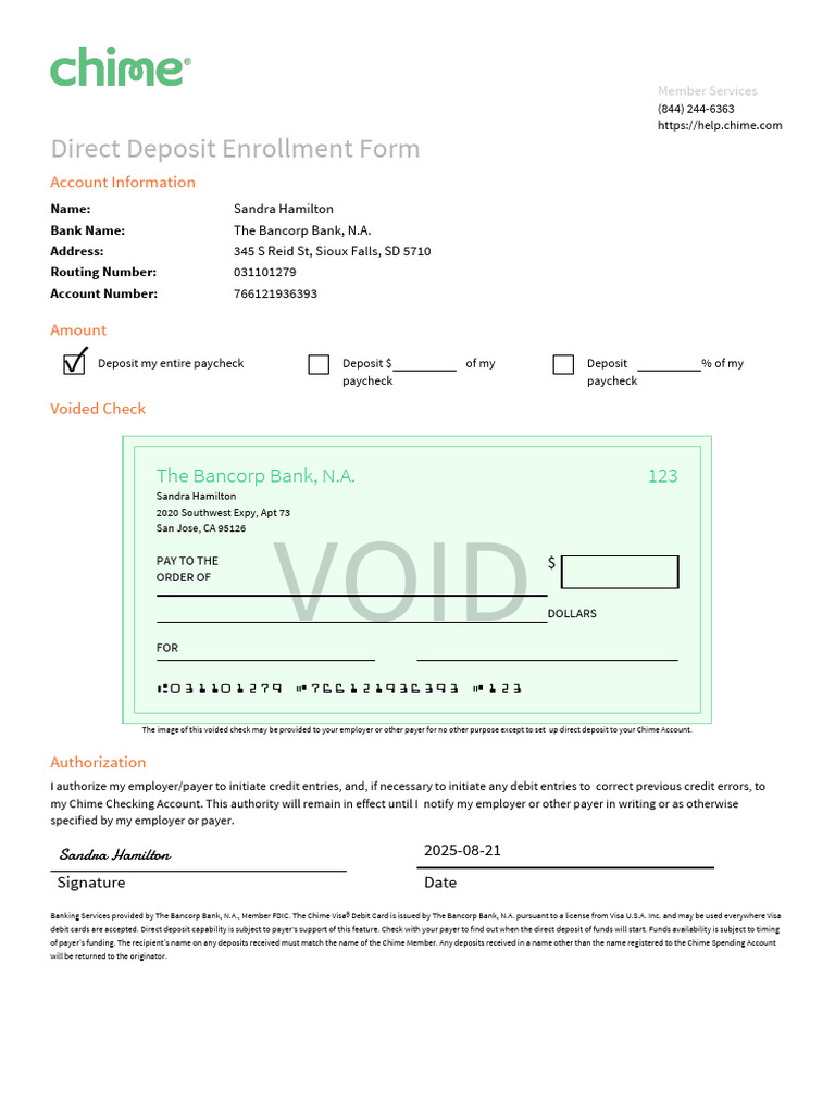 Direct Deposit Form for Chime Account | PDF | Paycheck | Banks