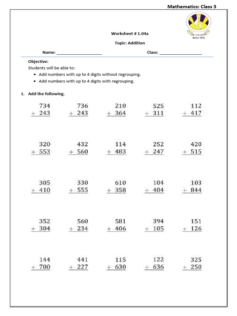 Mathematics Worksheet - Class 3 - 1.04a | PDF