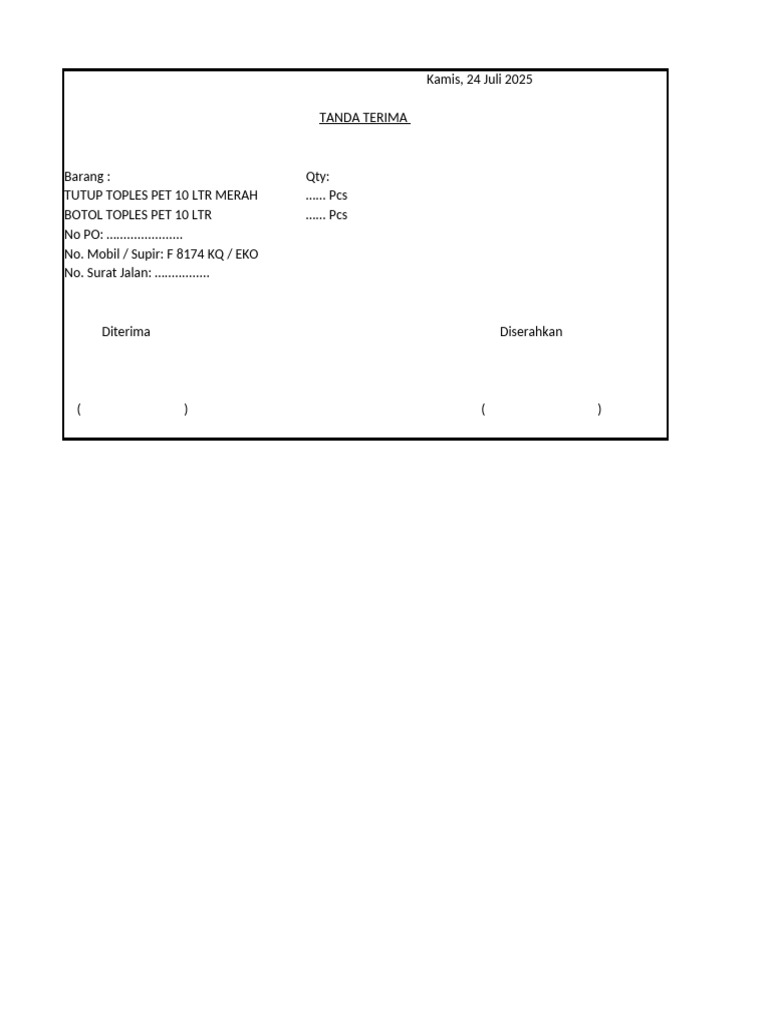 Tanda Terima Pengiriman Toples | PDF