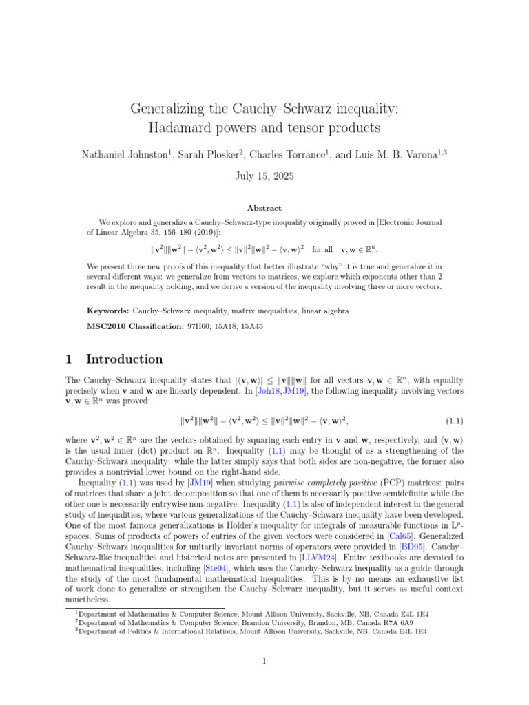 Generalizing The Cauchy-Schwarz Inequality: Hadamard Powers and Tensor Products | PDF | Matrix ...