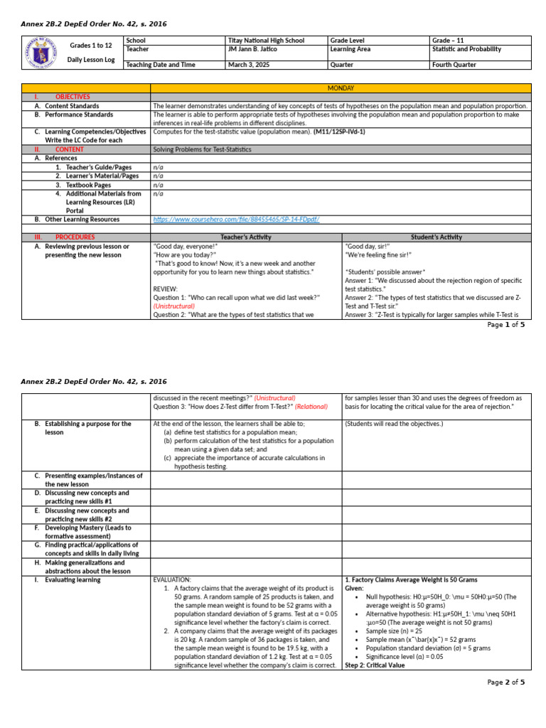 Grade 11 Statistics Lesson Plan | PDF | Statistical Significance ...