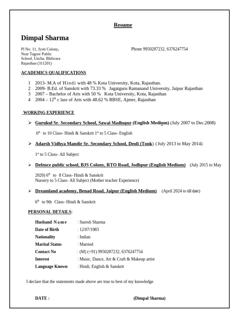 Dimpal Sharma - Teaching Resume | PDF